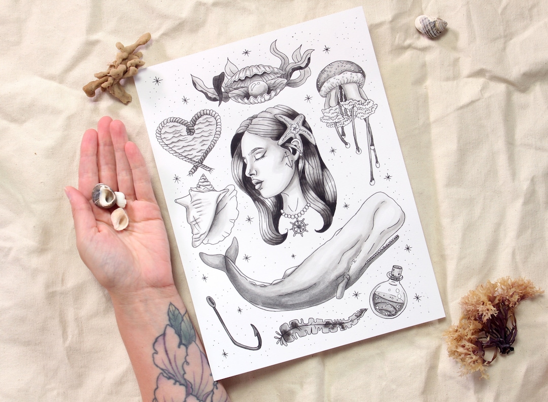 Ocean Tattoo Flash Sheet - Pen and Ink Illustration Depicting Ocean ...