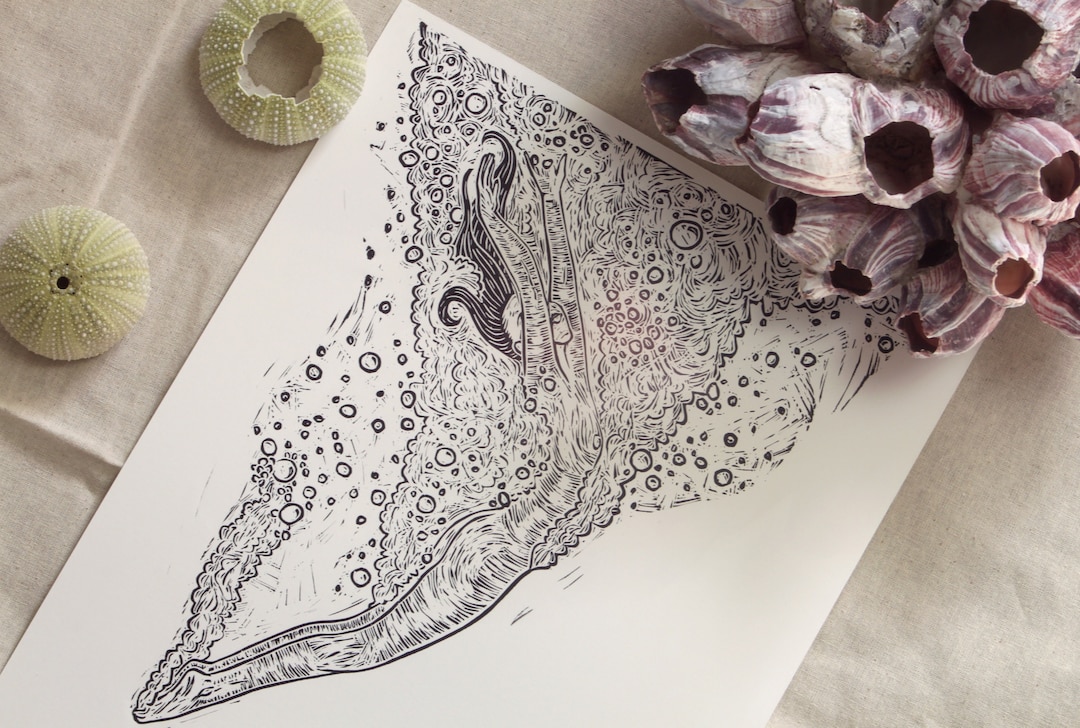 Jumping Into Water - Mermaid Underwater With Bubbles - Lino-cut Print ...