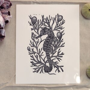 Seahorse - a Hand-pressed Lino-cut/block Print Depicting a Seahorse ...