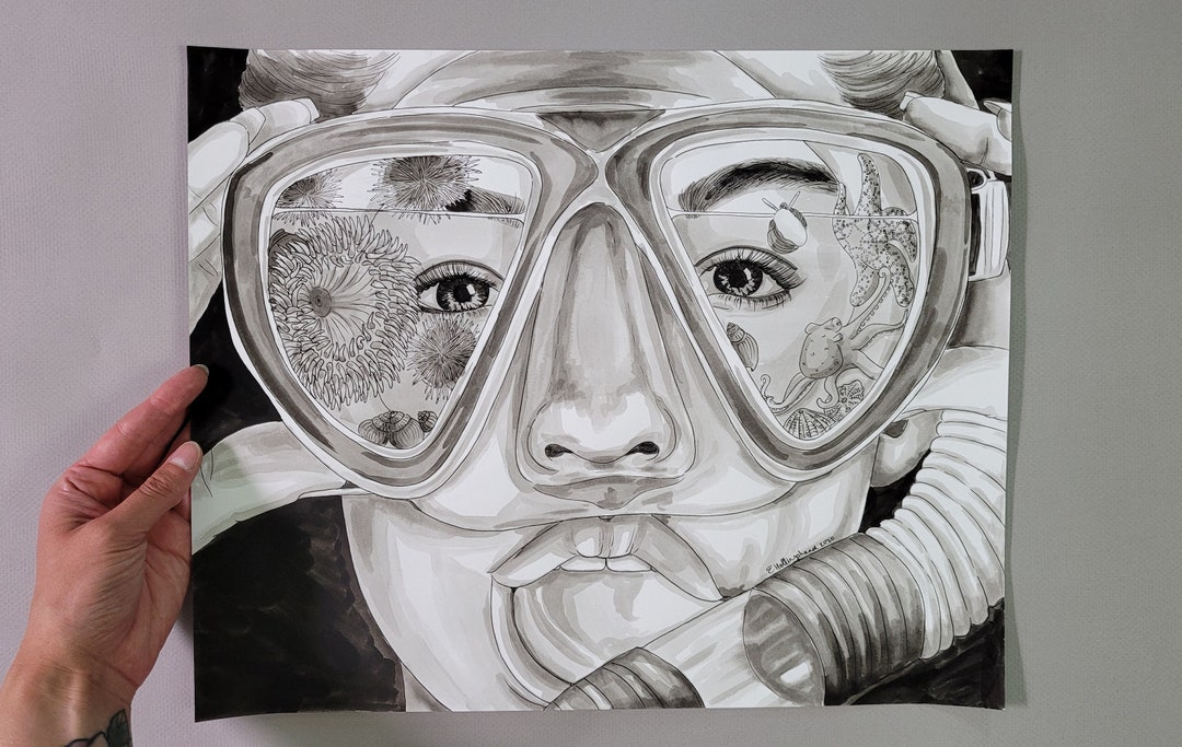 Tide Pool Snorkel Mask - Original Pen and Ink Drawing - Art for Your ...