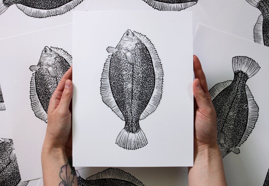 Flounder - Handmade Lino Cut, Block Print - Beach, Ocean, Marine Animal ...