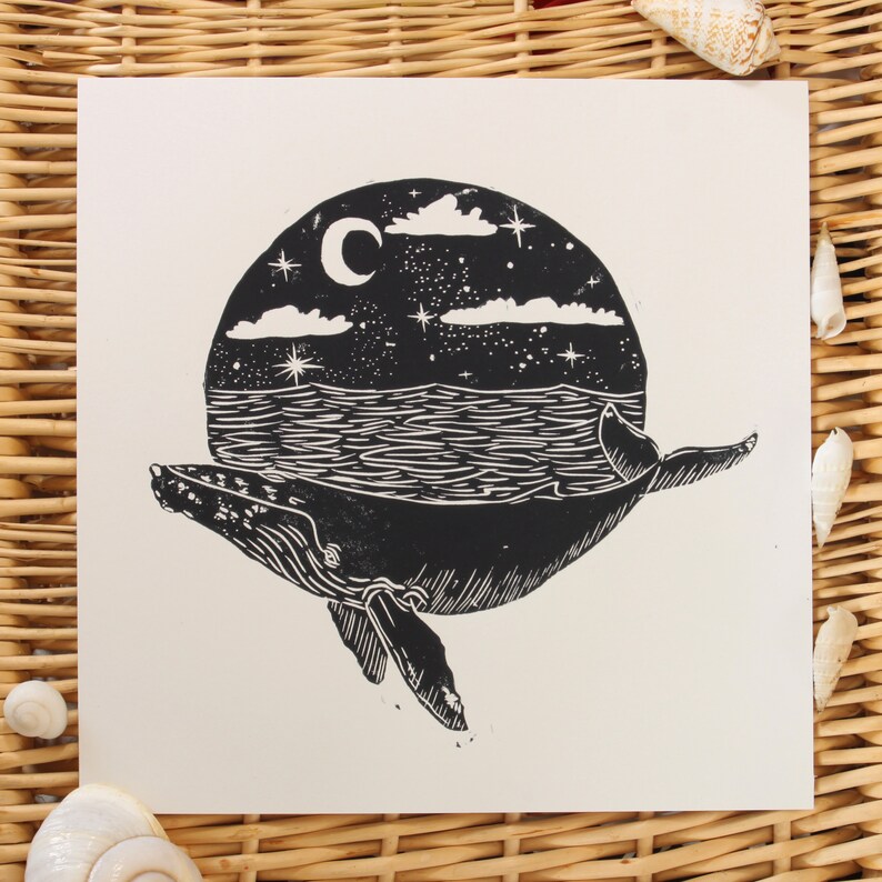 Humpback Whale in Moonlit Ocean Scene - Hand Printed Block Print - Lino ...