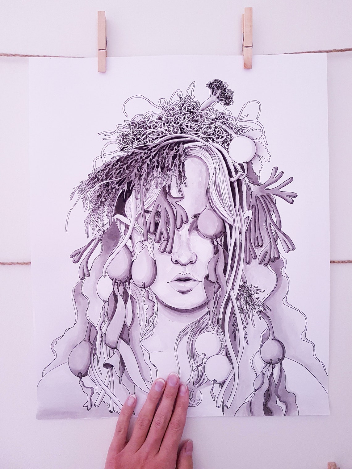 Seaweed Hair Ink Line Drawing Art Print Wall Art Coastal - Etsy