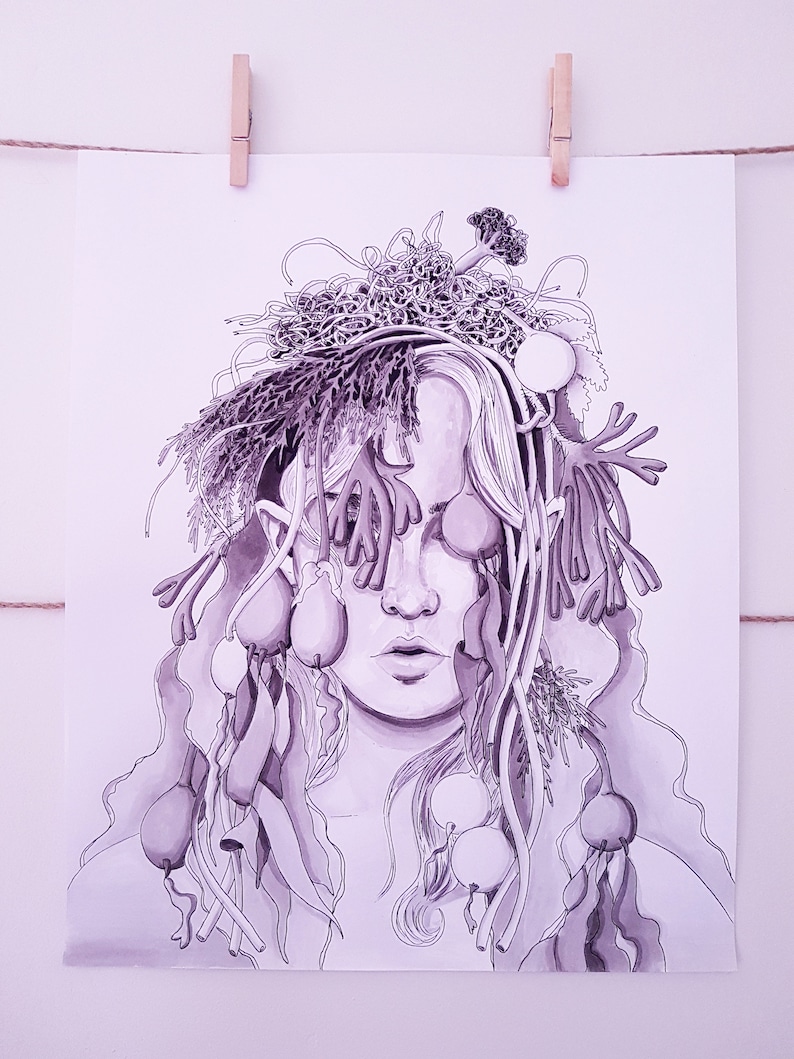 Seaweed Hair - Ink Line Drawing - Art Print, Wall Art, Coastal Home ...