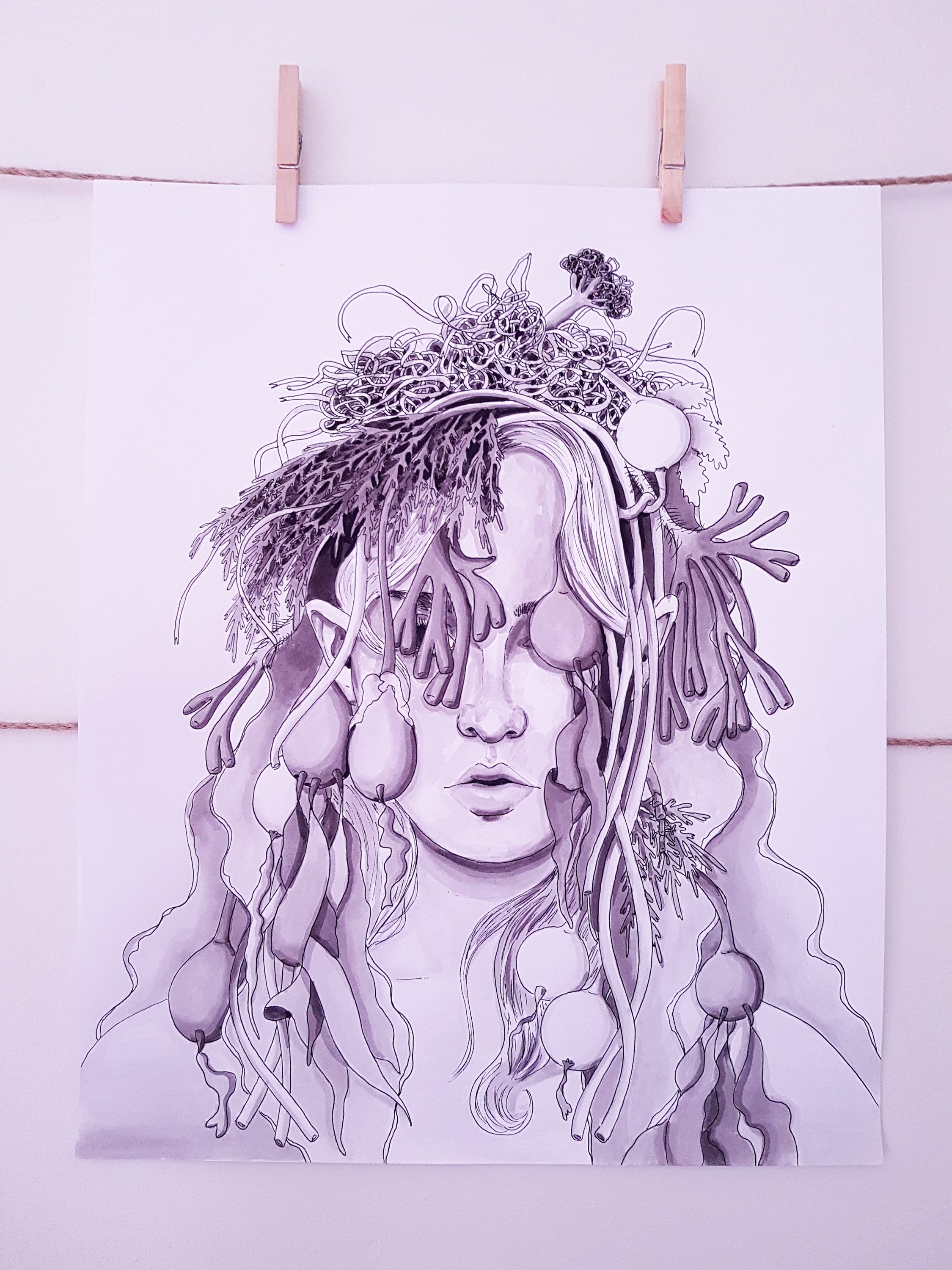 Seaweed Hair - Ink Line Drawing - Art Print, Wall Art, Coastal Home ...