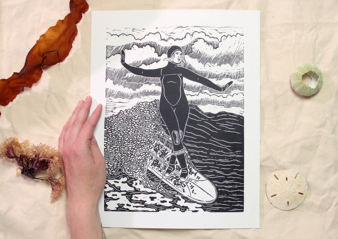 Cross-step - Handmade Lino-cut Print Depicting a Winter Surfing Woman ...