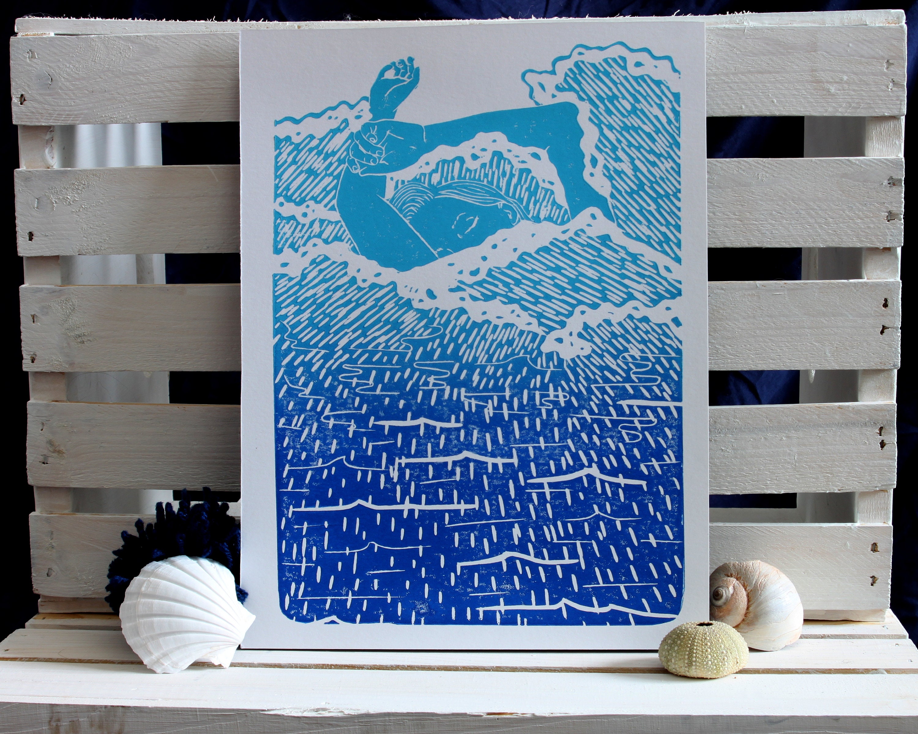 Mermaid in Ocean Waves Handmade Block Print Lino-cut | Etsy
