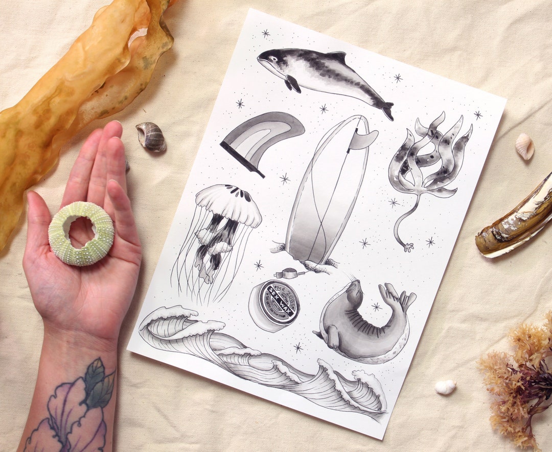 Surfer Tattoo Flash Sheet - Pen and Ink Illustration Depicting Ocean ...