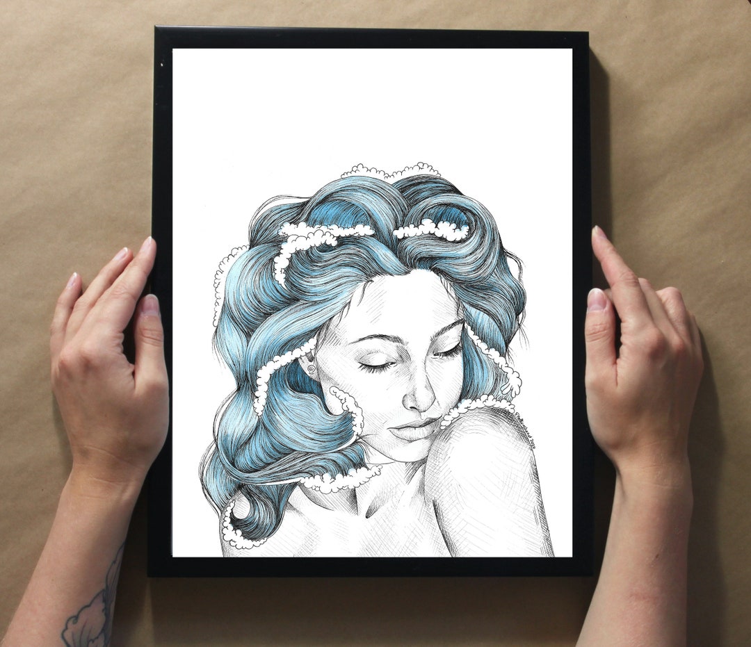 Wave Hair - Ink Line Drawing - Art Print, Wall Art, Coastal Home Decor ...