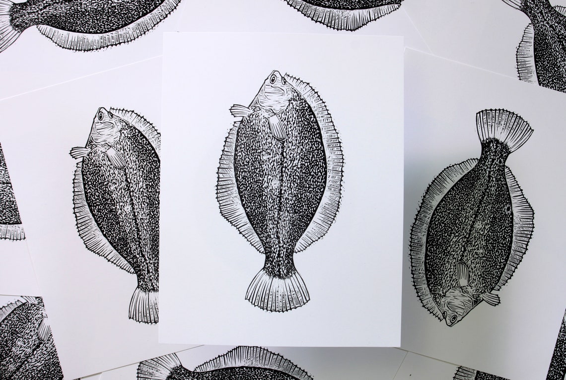 Flounder - Handmade Lino Cut, Block Print - Beach, Ocean, Marine Animal ...