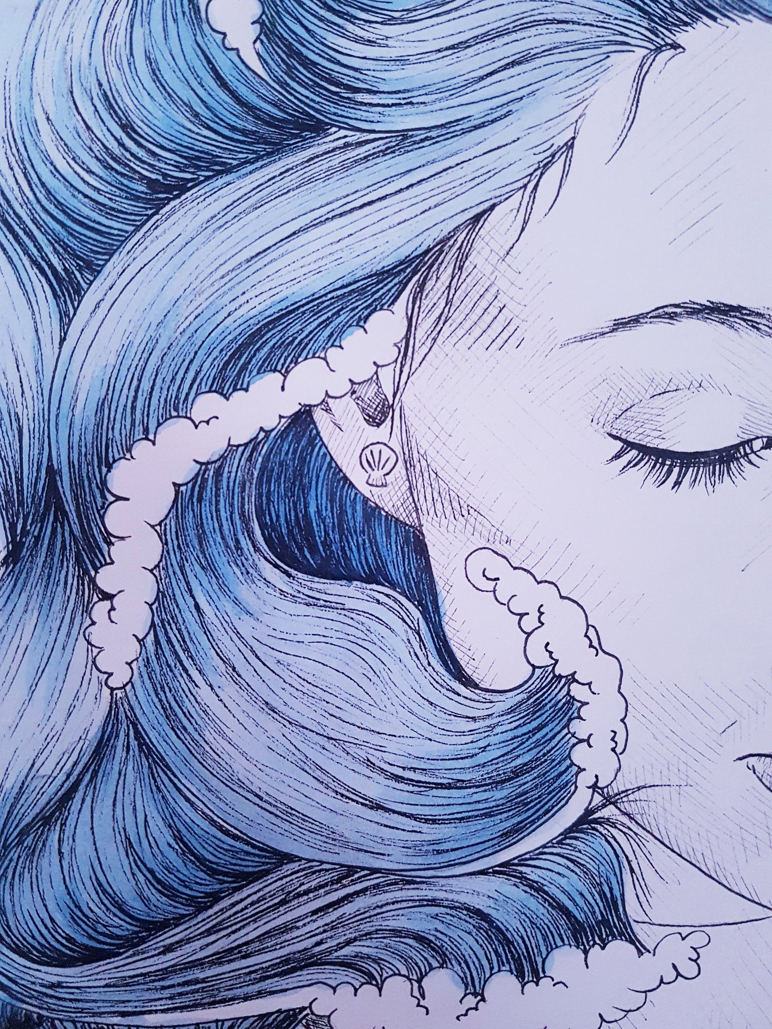 Wave Hair - Ink Line Drawing - Art Print, Wall Art, Coastal Home Decor ...