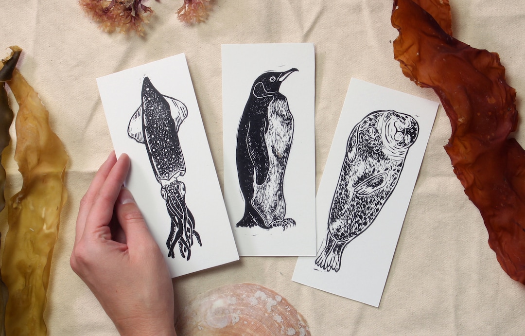 Seal, Squid, Penguin - Hand-printed Lino-cut/block Print Mini-prints ...