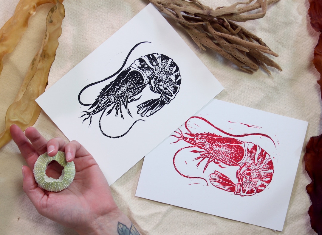 Shrimp - Hand-printed Lino-cut Block Print - Depicting a Shrimp/prawn ...