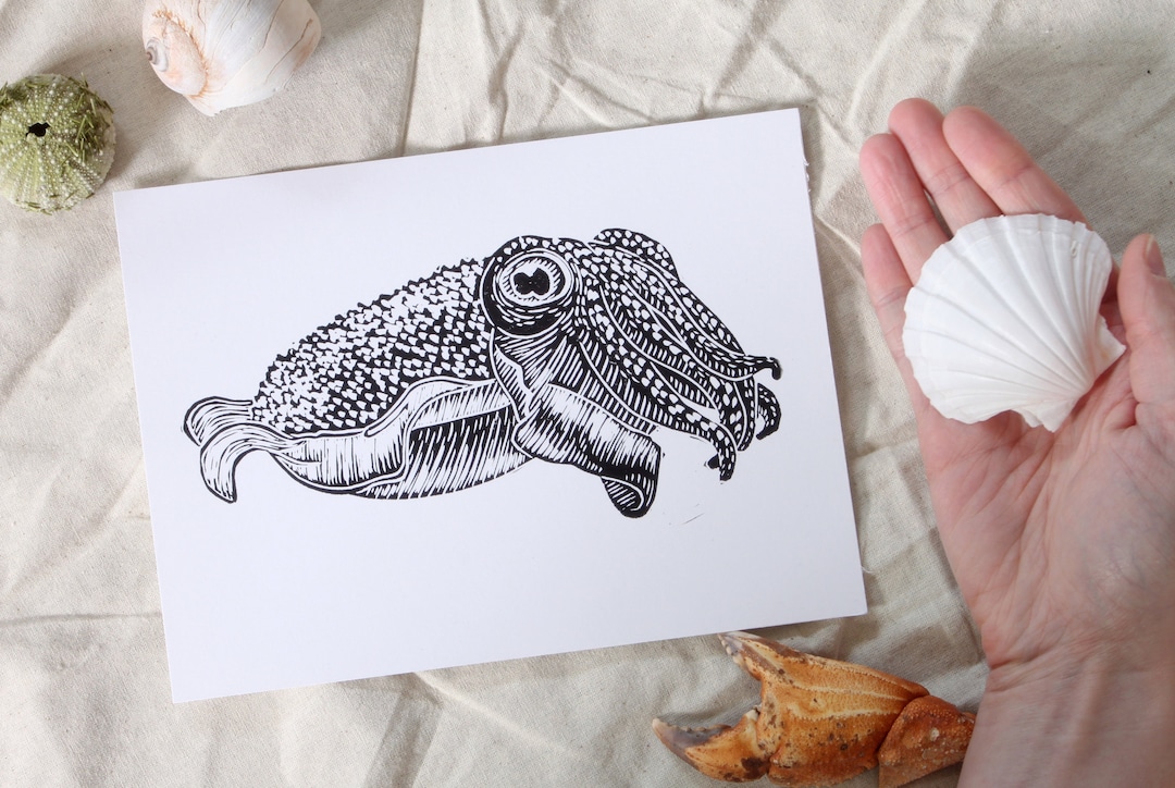Cuttle Fish - Hand Printed Lino-cut Block Print - Handmade Wall Art ...