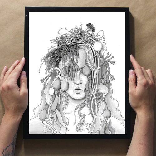Seaweed Hair Ink Line Drawing Art Print Wall Art Coastal - Etsy