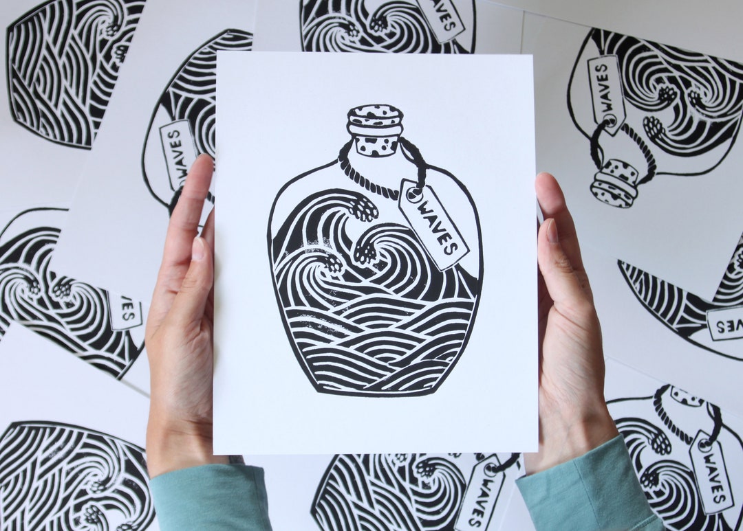 Handmade Block Print/lino-cut Print - Waves in A Bottle - Ocean Art ...