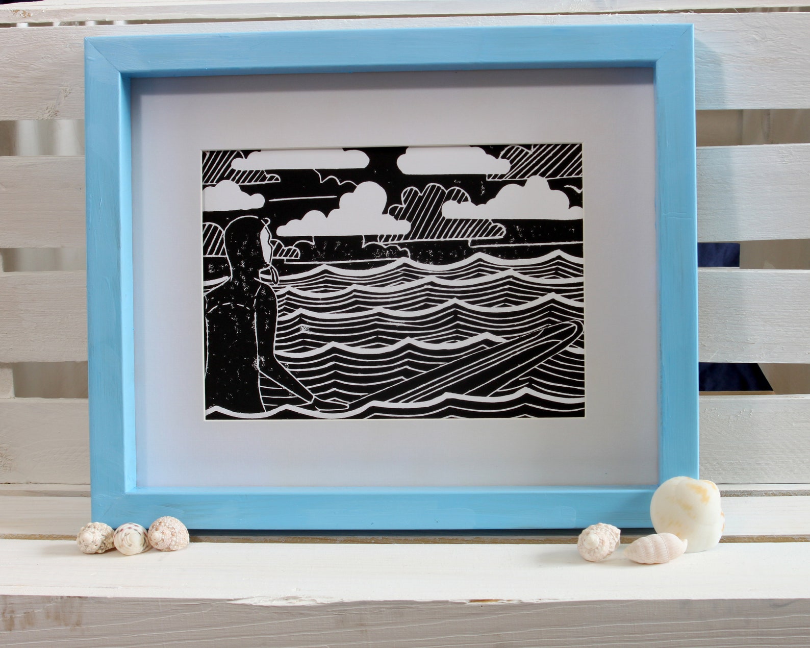 Handmade Block Print/lino-cut Print - Winter Surfer - Surf Art, Ocean ...