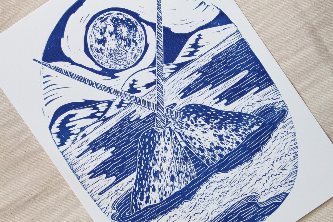 Handmade Lino-cut Print - Two Narwhal Whales Under the Moon in a ...