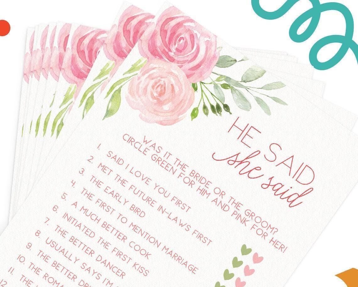 He Said She Said - Bridal Shower Game, 50 Printed Cards, Pink Floral ...