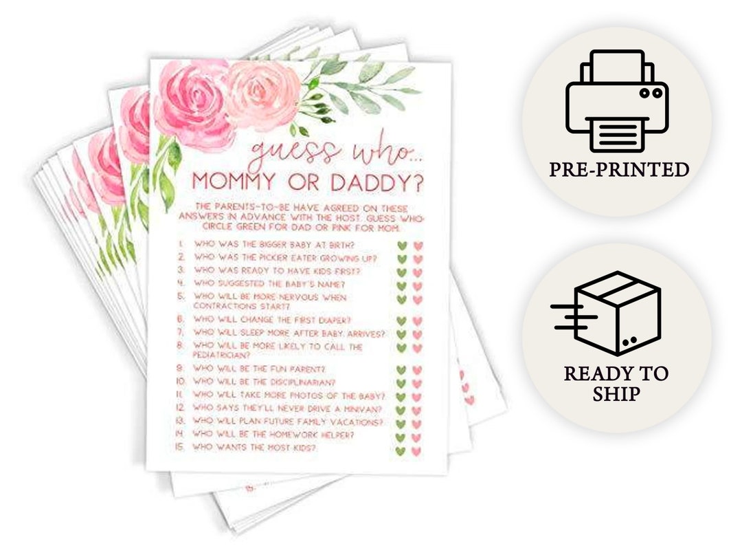 Mommy or Daddy Trivia - Baby Shower Game, 50 Printed Cards, Pink Floral ...