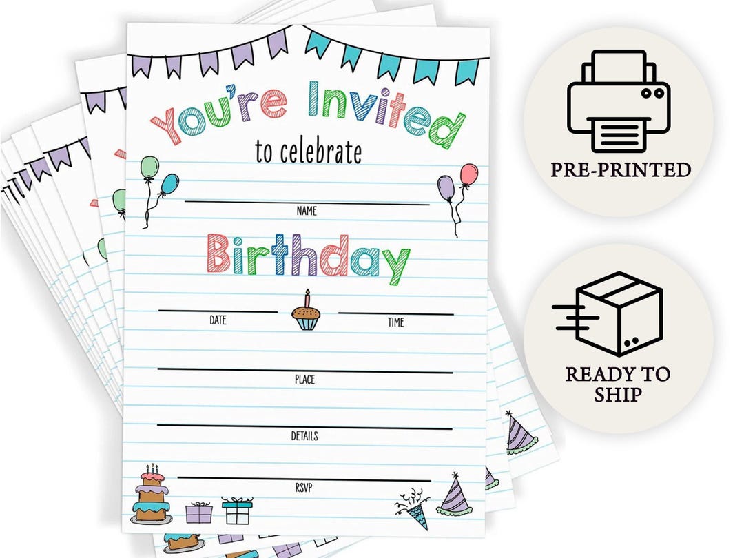 Kids Birthday Party Invitations and Envelopes, Printed Set of 25 ...