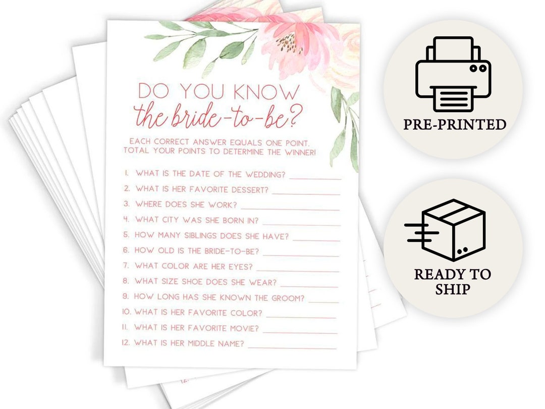 Bride Trivia - Bridal Shower Game, 50 Printed Cards, Pink Floral (PRP ...
