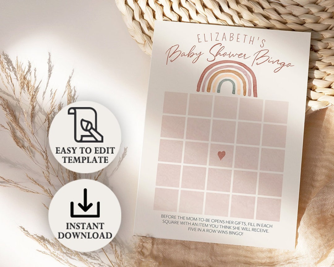 Digital Boho Rainbow Bingo Baby Shower Game | Instant Download | PRP ...