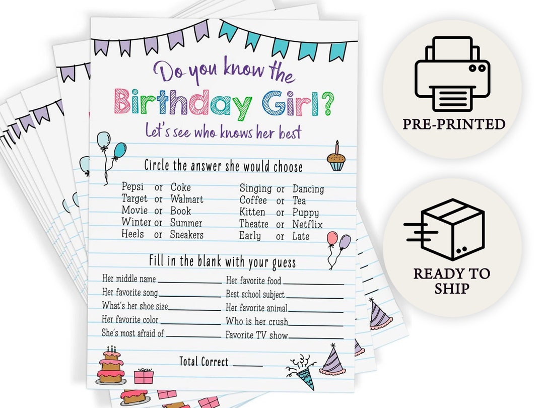 Birthday Girl Trivia - Kids Party Game, Printed Set of 25, Notebook - Etsy