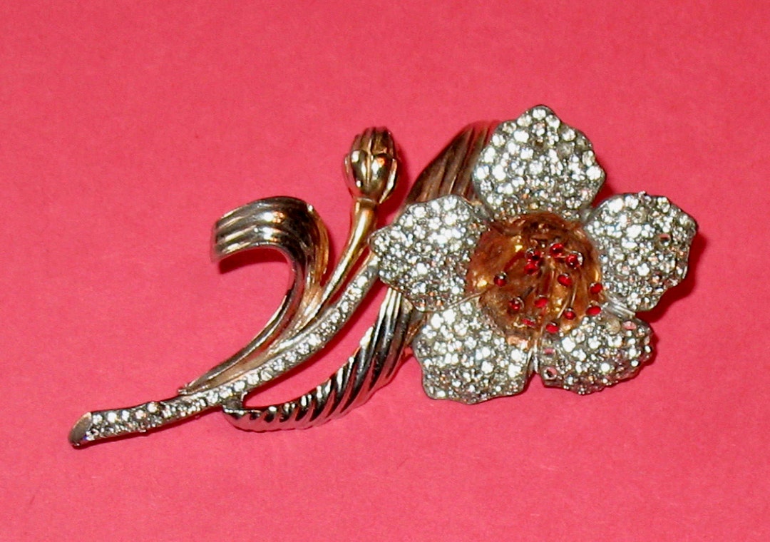 1940s Sterling and Rhinestone Flower Brooch, Detailed Figural Flower ...