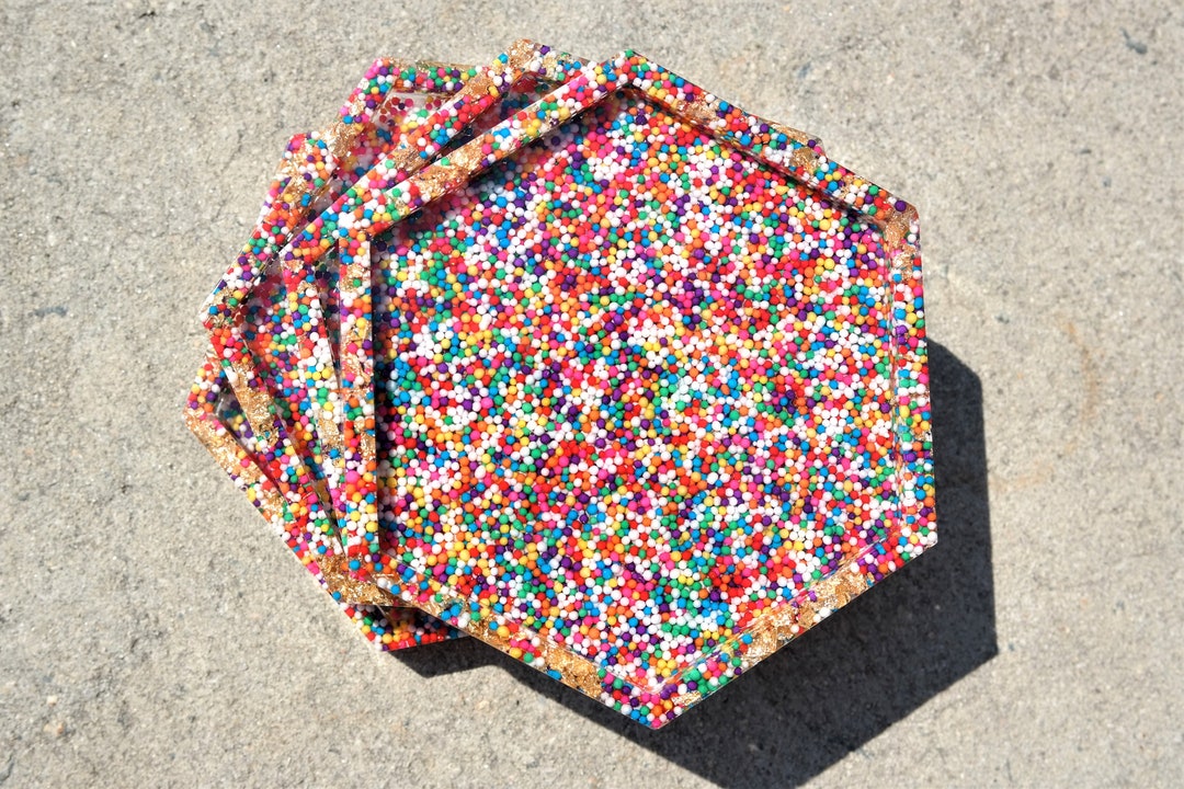 Rainbow Sprinkles Hexagon Coaster, Gold Hexagon Coaster, Rainbow ...
