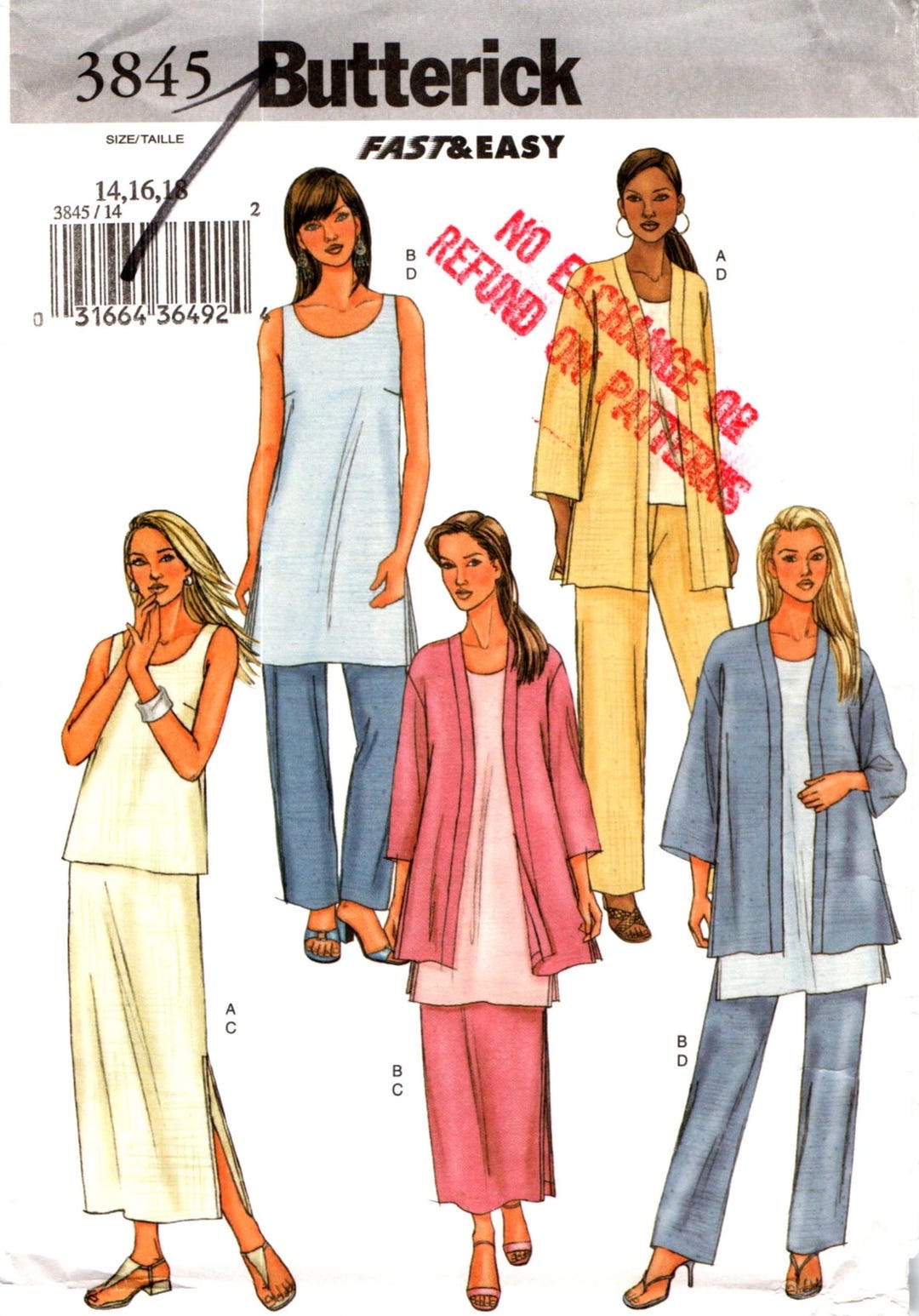 Fast Easy Butterick Sewing Pattern 3845, Jacket Top Tunic Skirt Pants ...