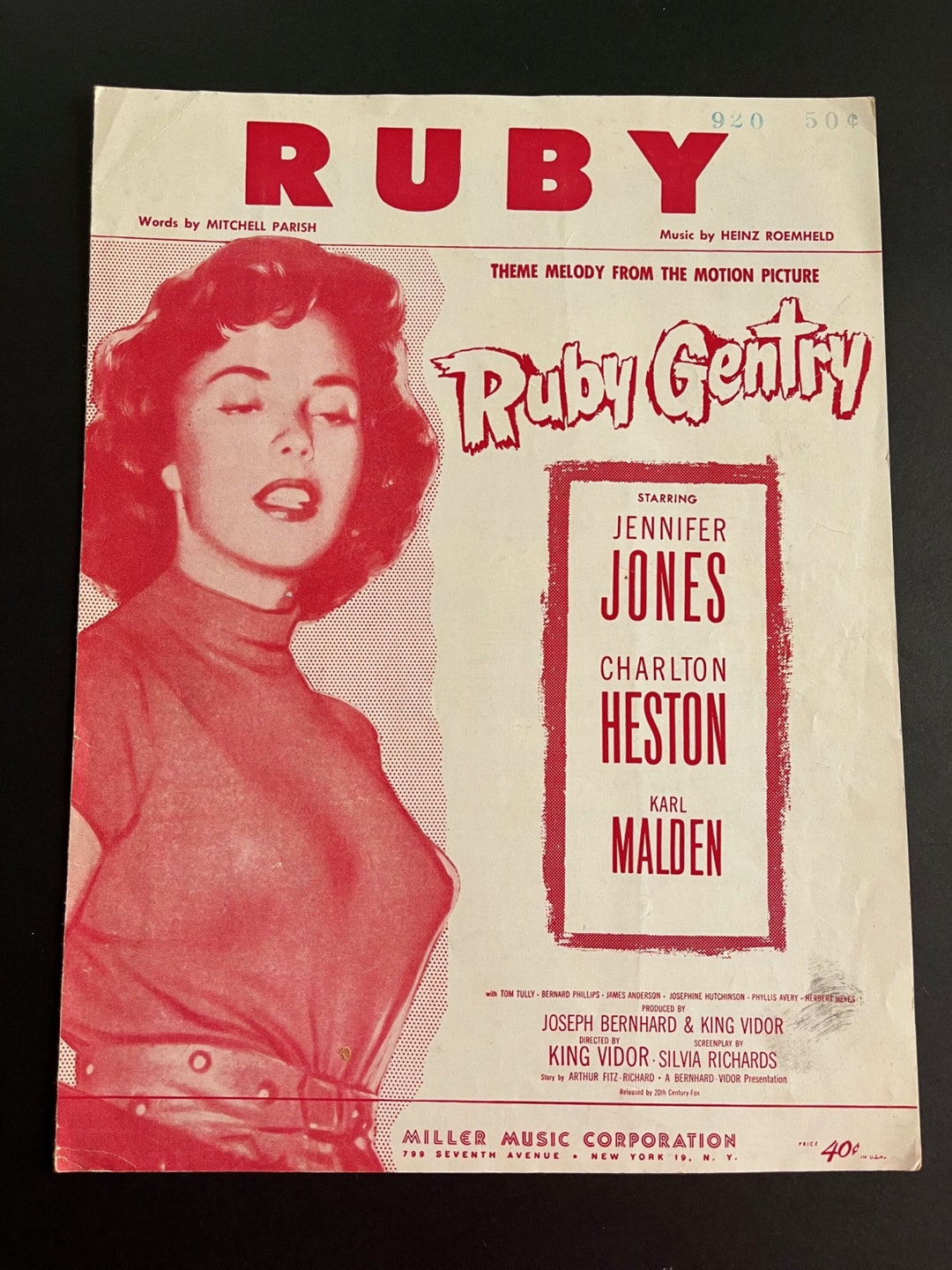 Original Ruby Gentry Sheet Music, Theme Melody From the Motion Picture Ruby Gentry, Music by ...