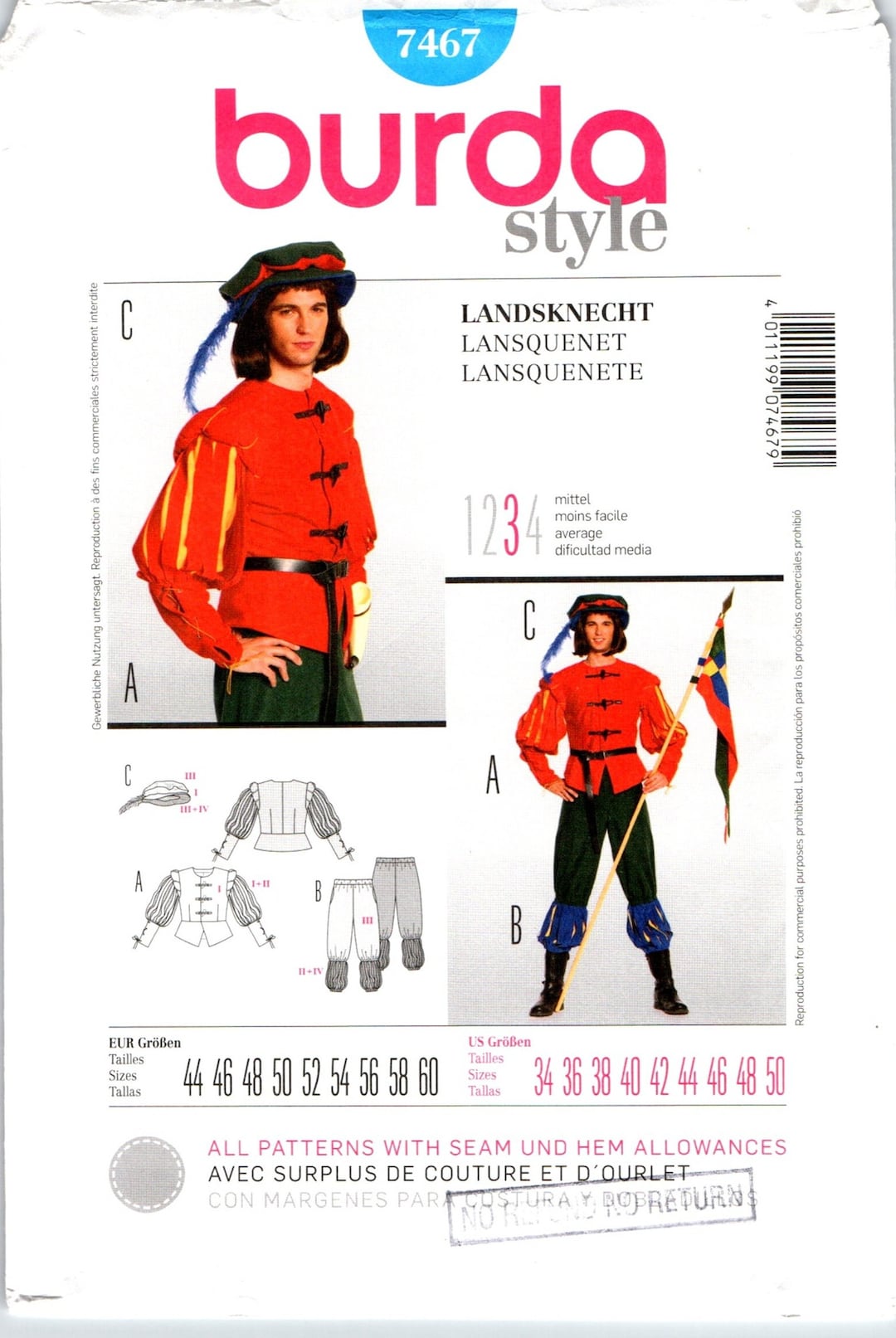 MIDDLE AGES SWISS Guard Burda Style Costume Sewing Pattern 7467 ...