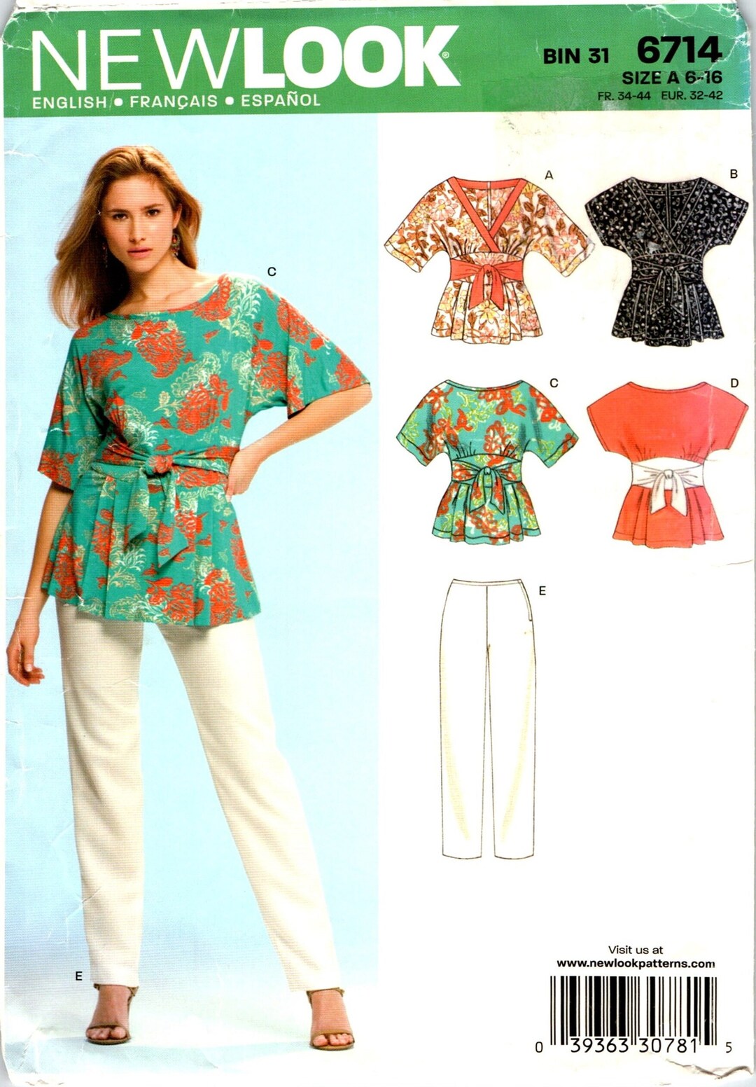 Sewing Patterns, Wrap Front Tops | Pants | Sash (size 6-16) Tunic ...