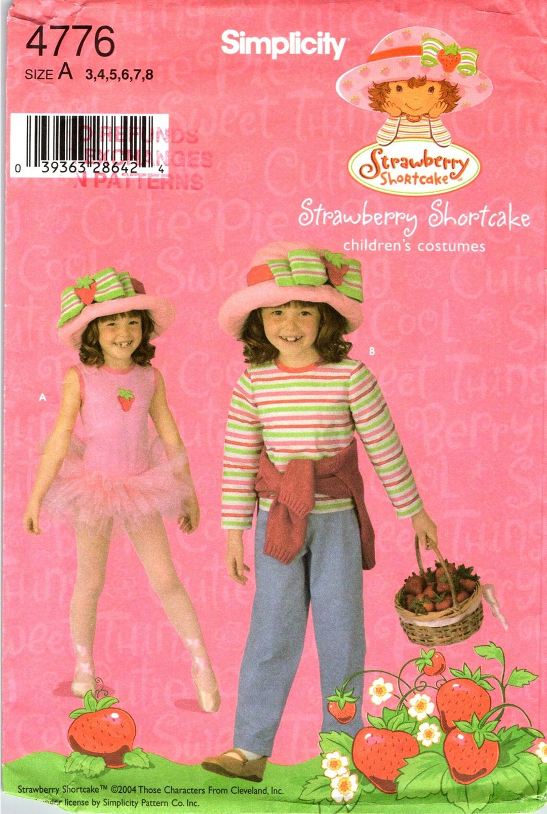 STRAWBERRY SHORTCAKE Childrens Costume Sewing Pattern, Size 3 4 5 6 7 8 ...
