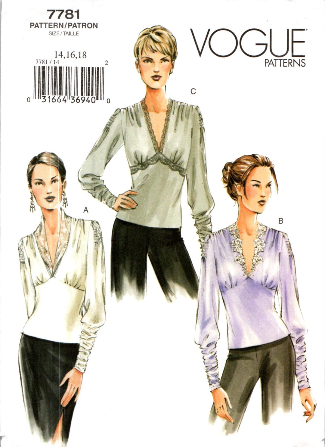 Vogue Sewing Pattern 7781 PETITE TOP | SHIRT Size 14 16 18 Semi-fitted ...