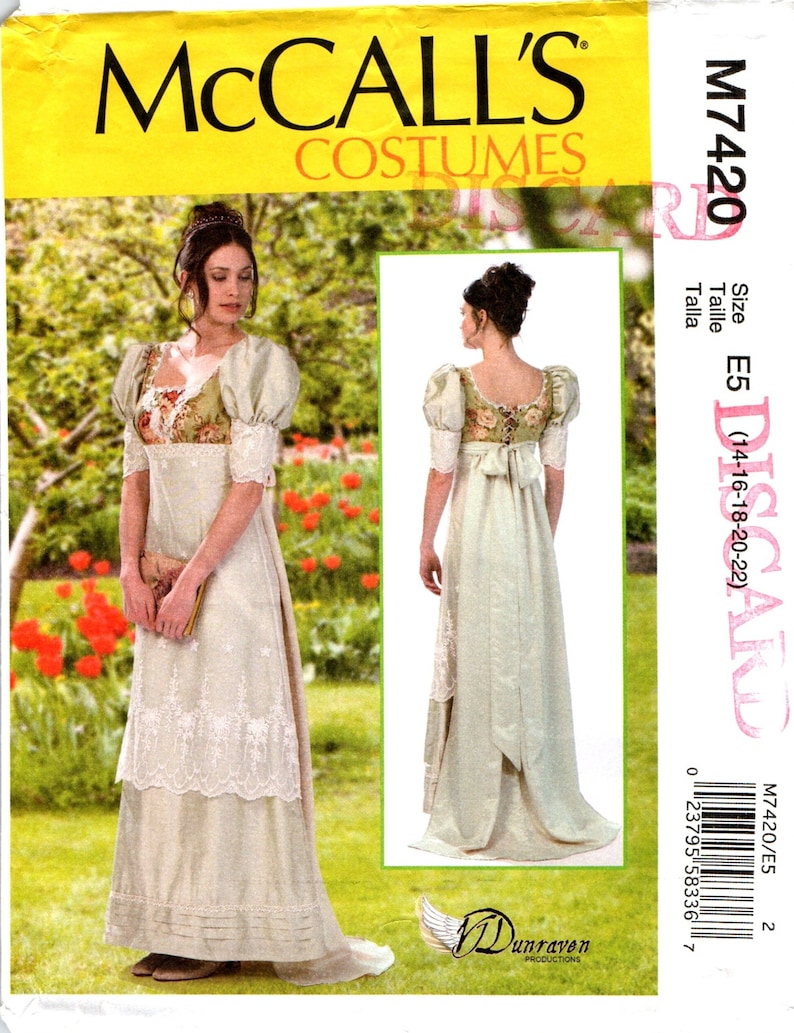 Victorian Empire Waist Dress Gown Costume Sewing Pattern Misses Women Size 14 16 18 20 22 French ...