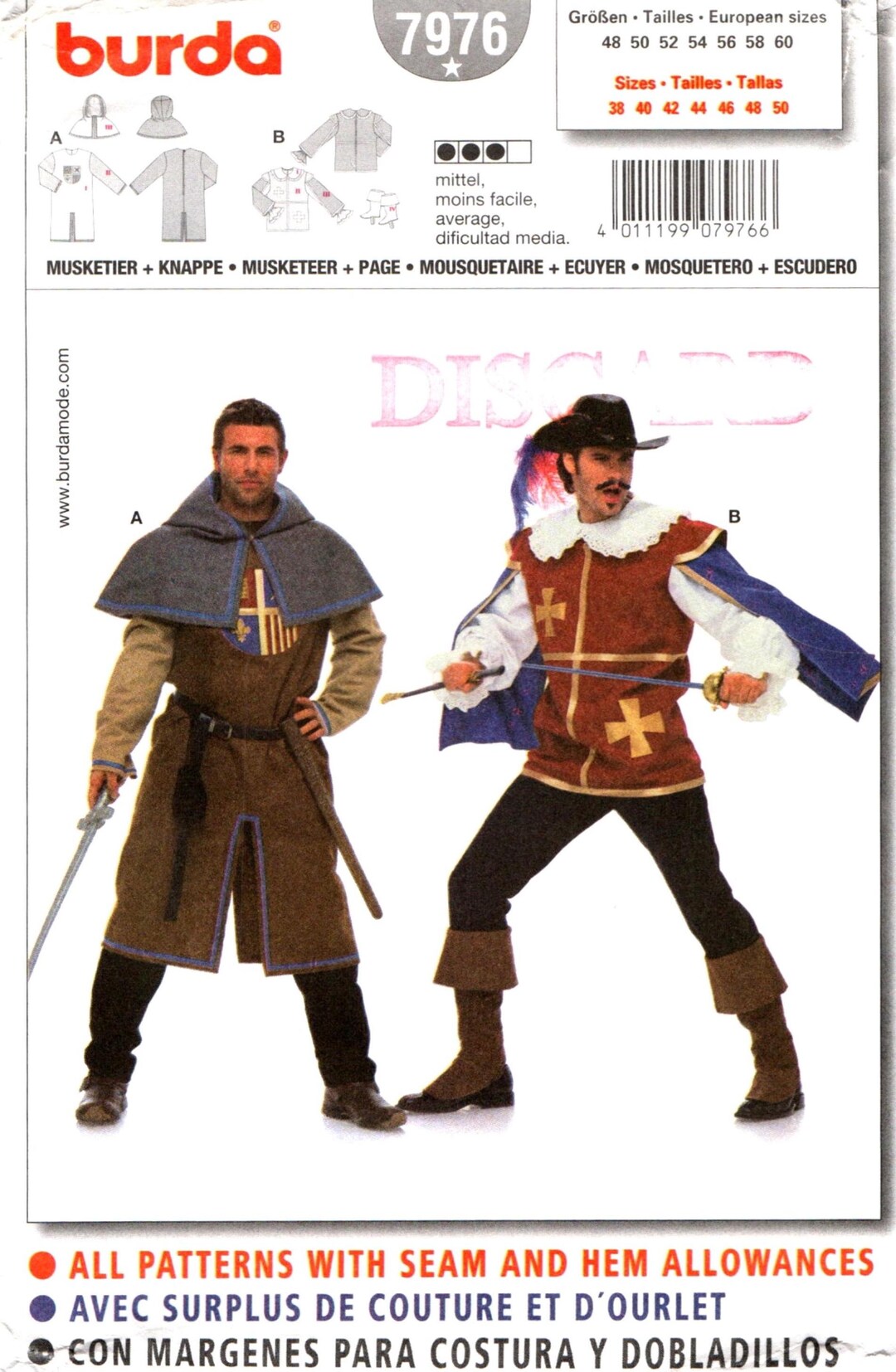 Musketeer and Prince Costume Sewing Pattern for Men Unisex Size 38 40 ...
