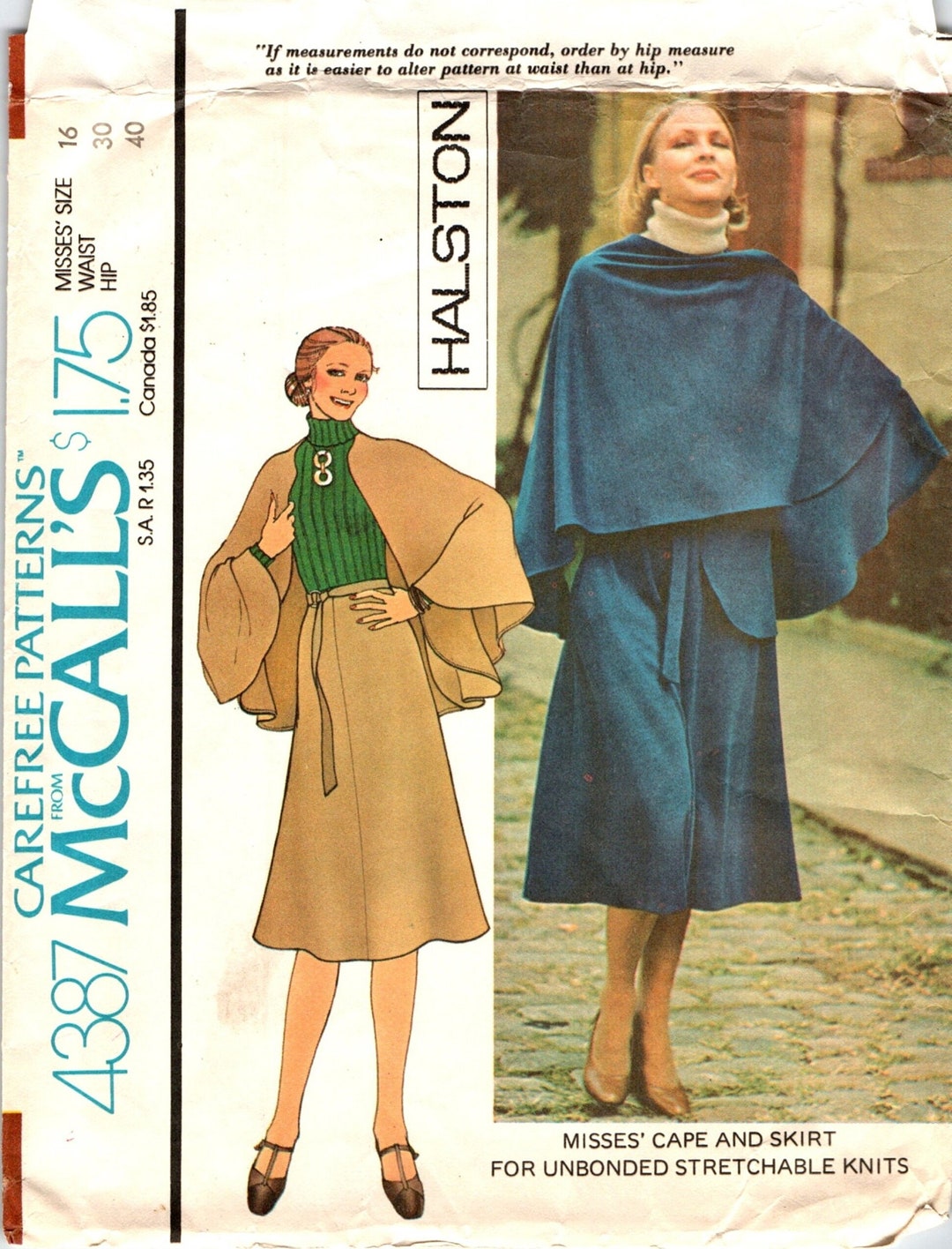 1970s HALSTON CAPE & SKIRT Sewing Pattern for Women Size 16 Mccalls ...