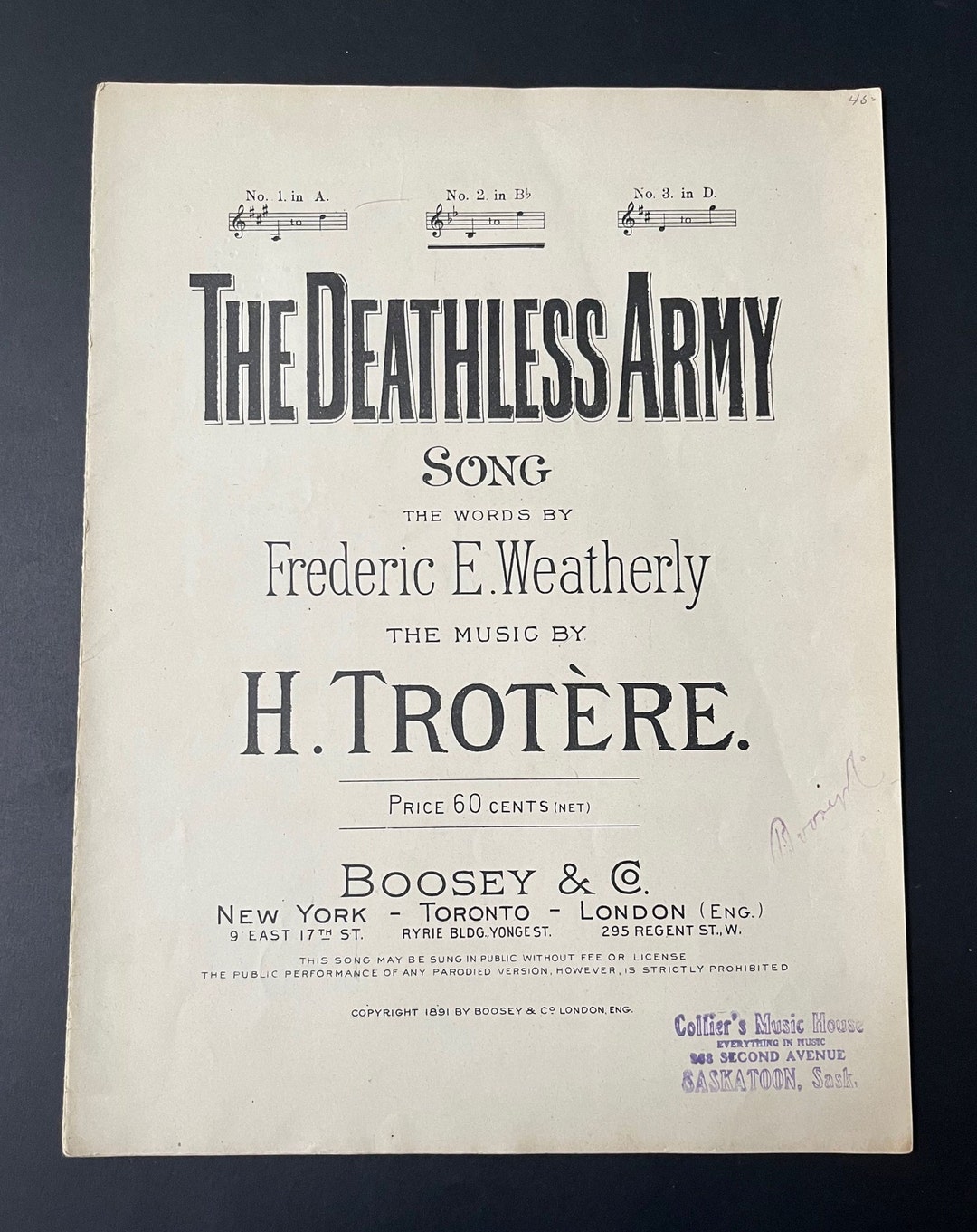 The Deathless Army Song, Antique Sheet Music From 1891 Boosey & Co ...