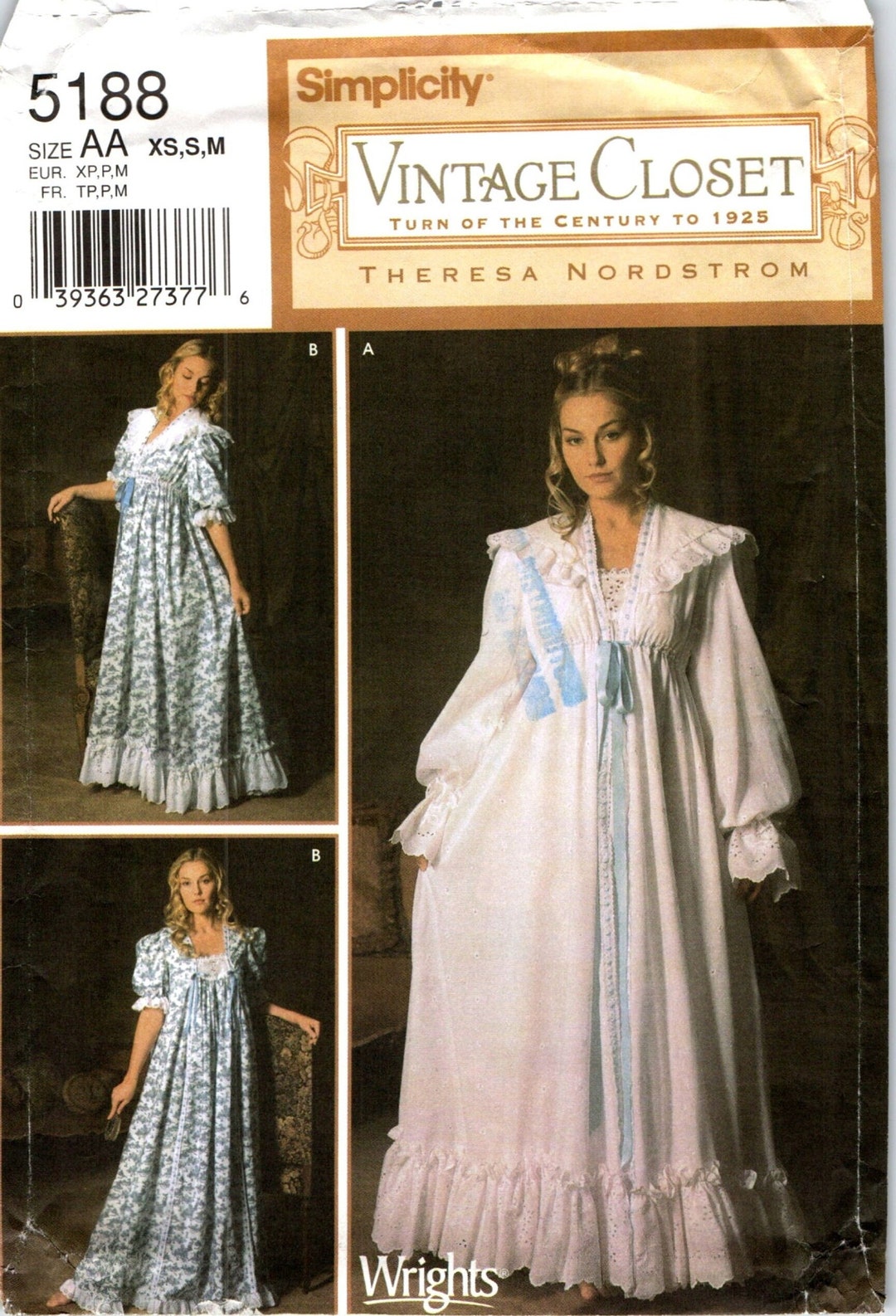 VICTORIAN NIGHTGOWN, ROBE Sewing Pattern, Size 6 8 10 12 14 16 Teresa ...