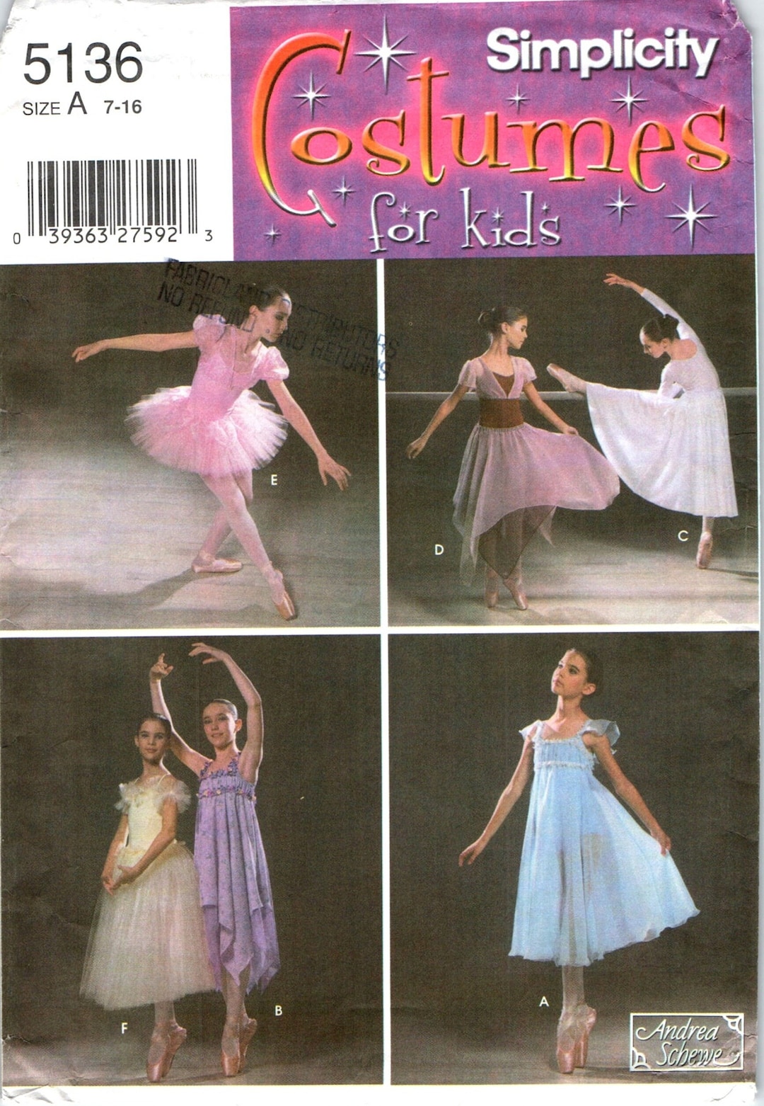 Ballet Dance Costume Sewing Pattern for Kids Girls Size 7 8 10 12 14 16 ...