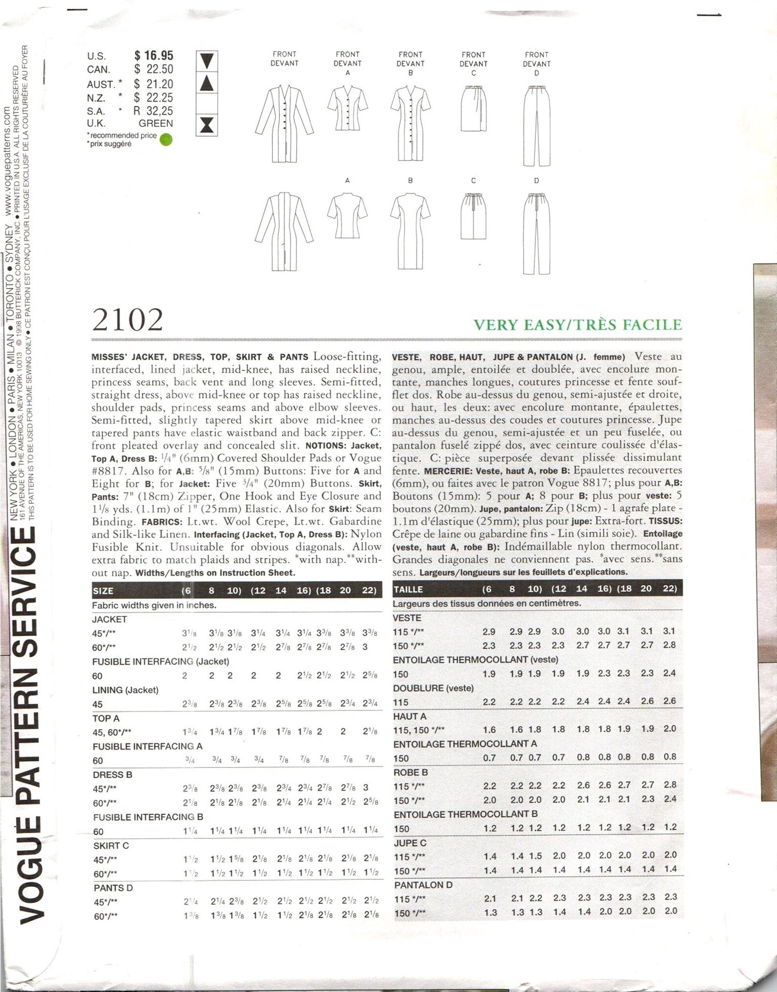 Very Easy Vogue Wardrobe Office Professional Wear Sewing Pattern 2102 ...