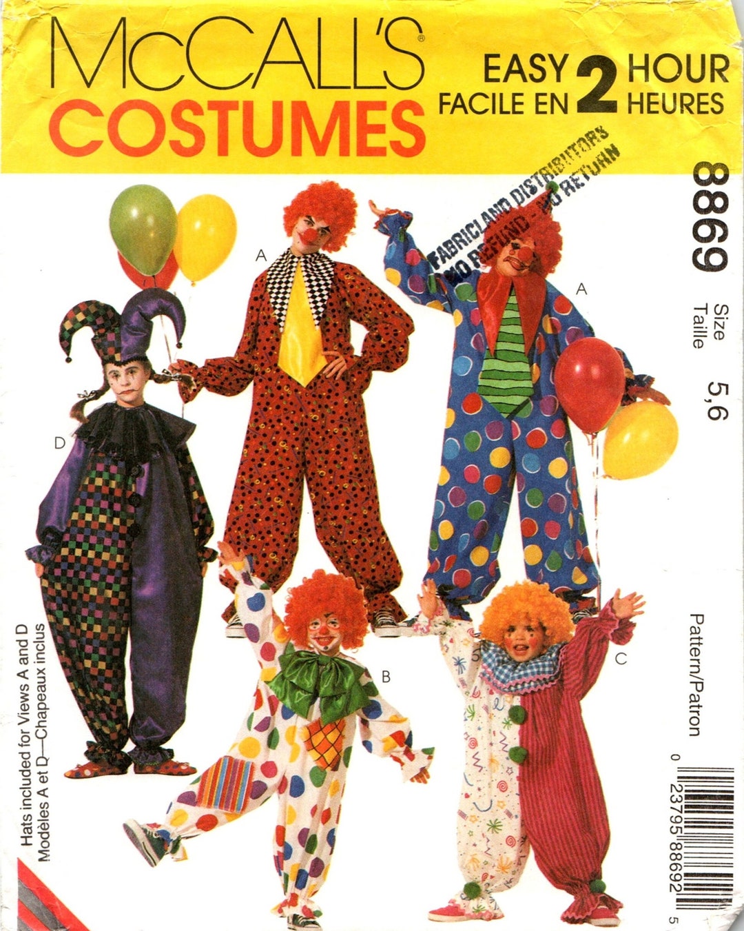 Easy 2 Hour Kids Costumes Sewing Pattern, Jester & Clown, Girls Boys Child Size 5, 6, Jumpsuits ...