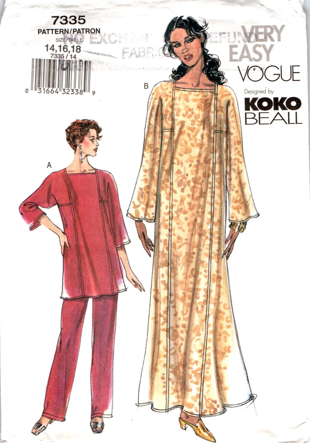Caftan Top, Pants Sewing Patterns for Women Misses Size 14 16 18 Very ...