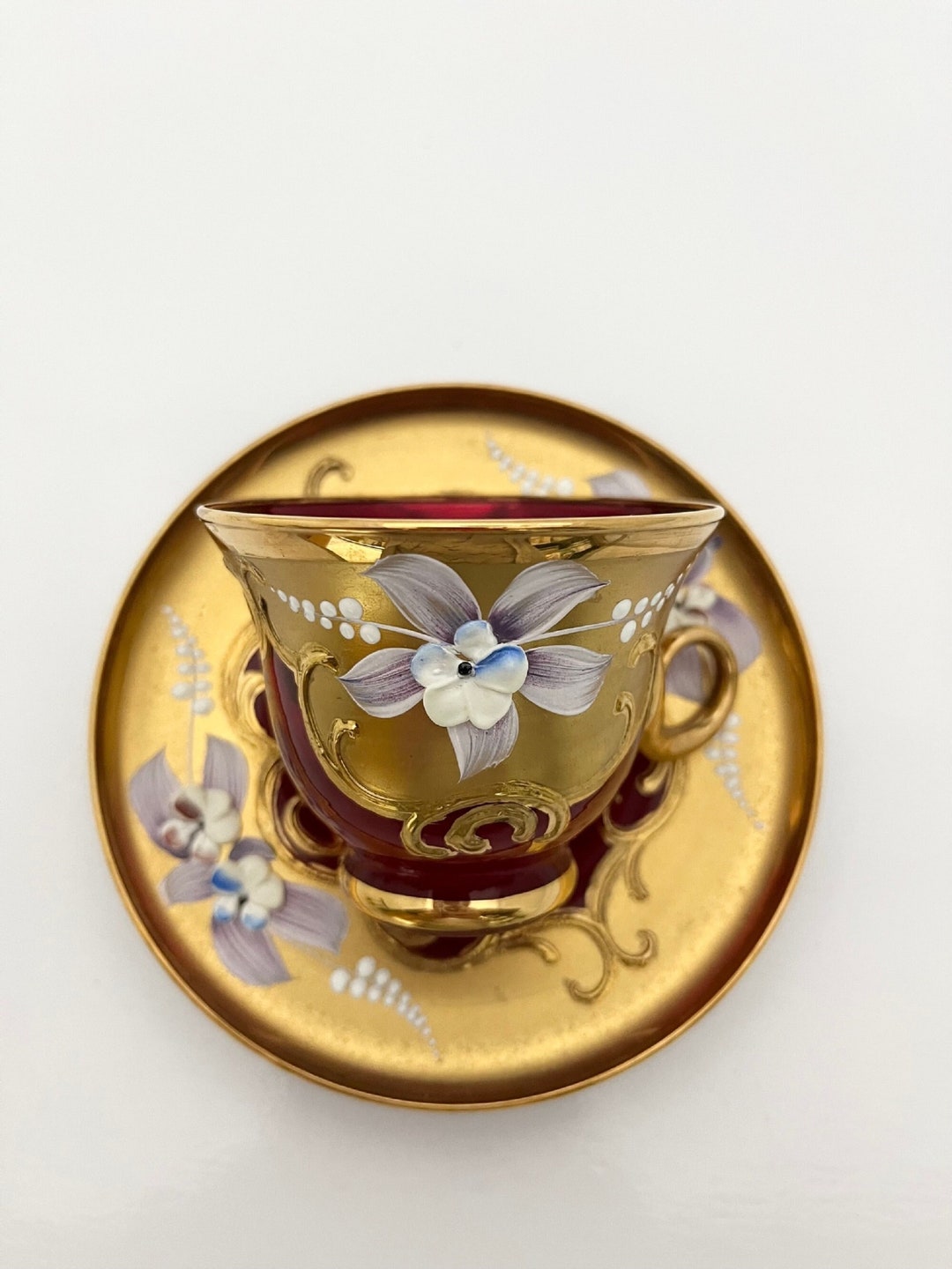 MURANO VENEZIA TEACUP Set, Tea Cup, Saucer, Cranberry Art Glass Set ...