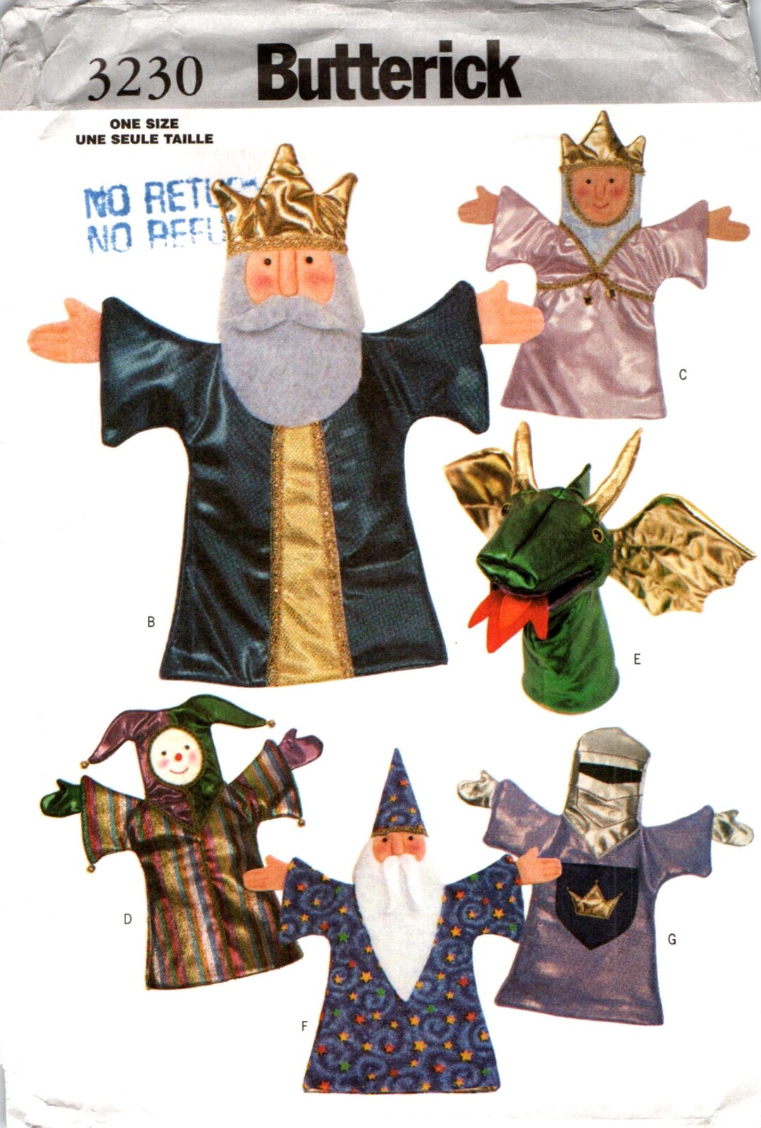 Hand Puppets Craft Sewing Pattern, Dragon Knight Wizard King Jester ...