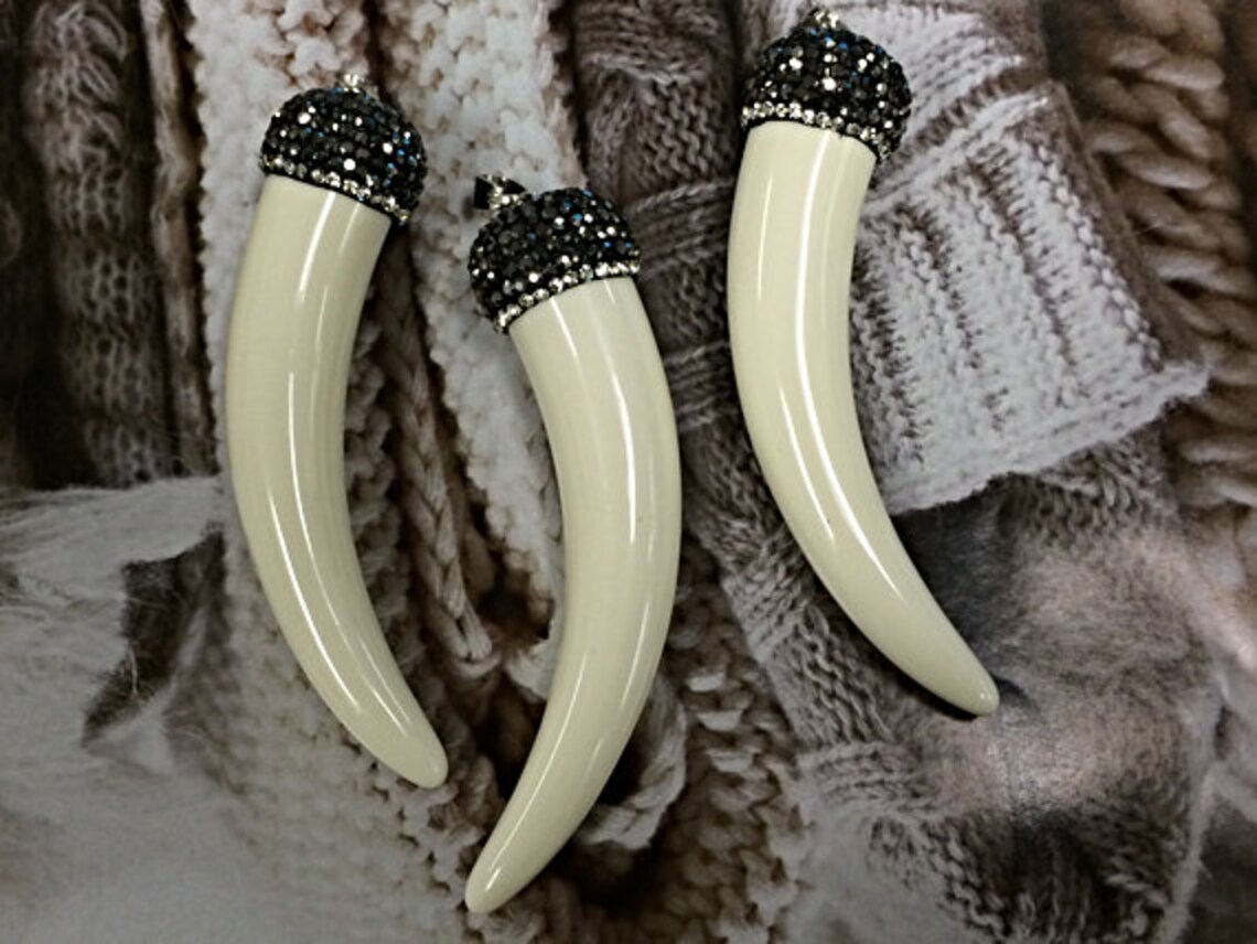 Pave Black Diamond Rhinestone Capped Bone Horn Pendant Cream ,3.25 ...