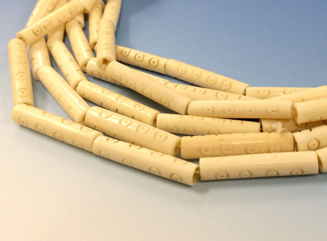 Bone Beads, Carved Tube White Cream Bone Spacer Beads, 23 Beads Natural ...