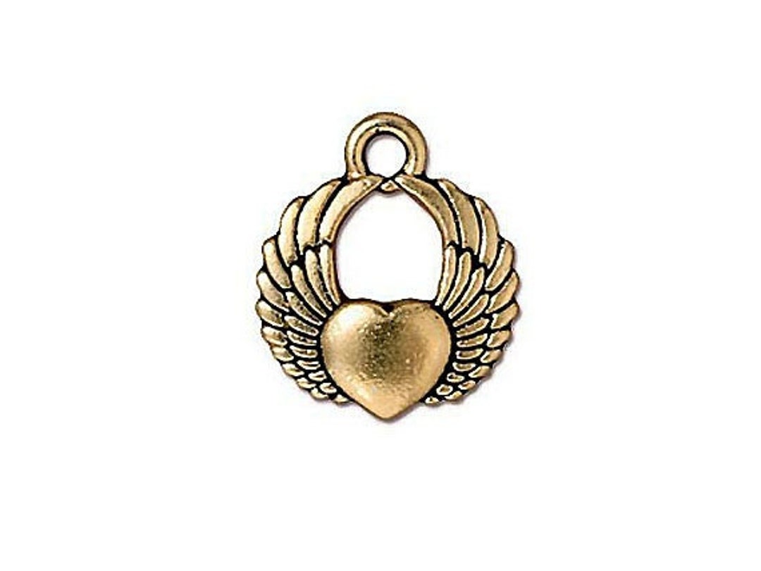 5 Pc Winged Heart Charm, 22 K Gold Plated, Heart With Angel Wings, Lead ...